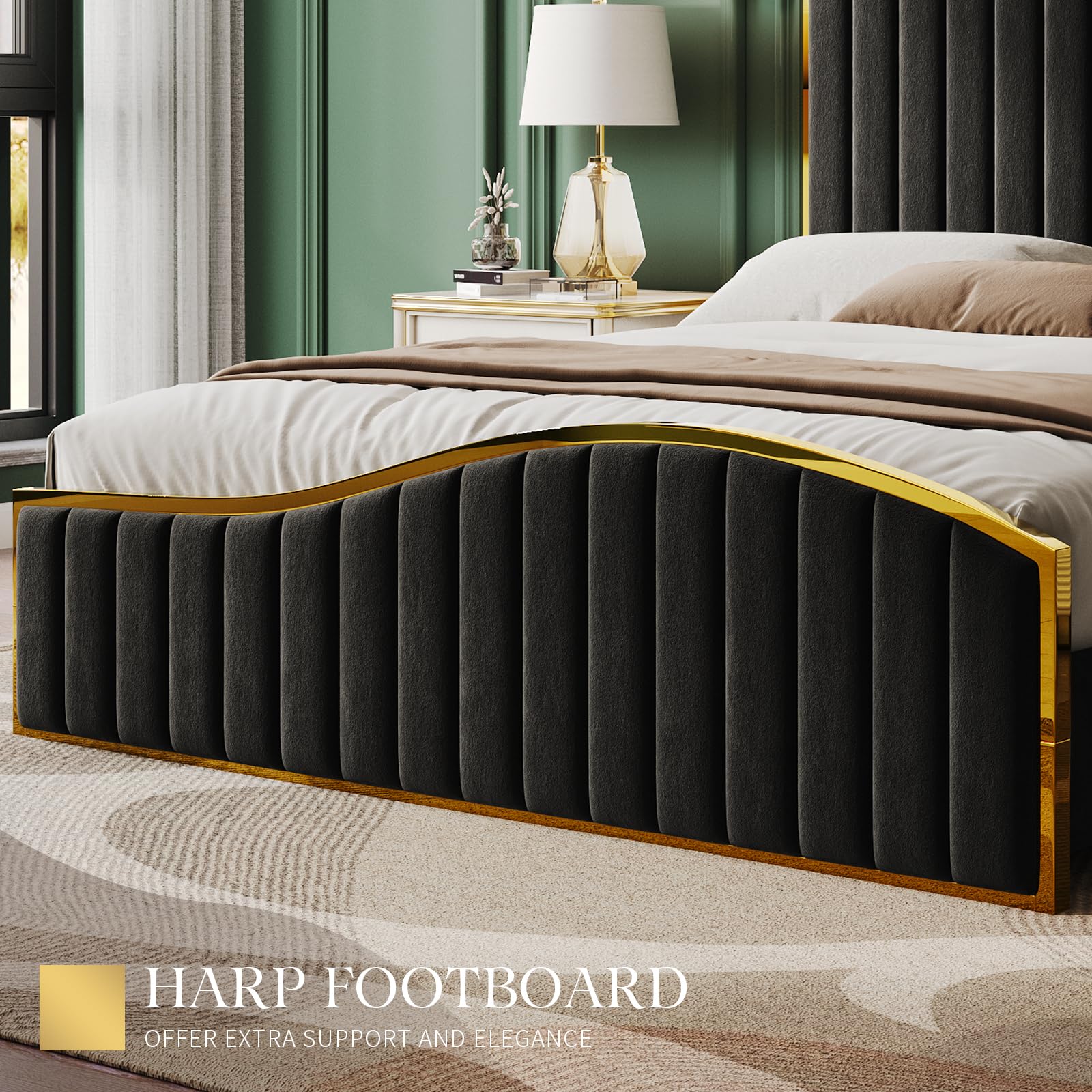 AMERLIFE Queen Size Bed Frame, 61.4" High Headboard Platform Bed Velvet Upholstered with Gold Trim & Footboard/Wooden Slats/No Box Spring Required/Black