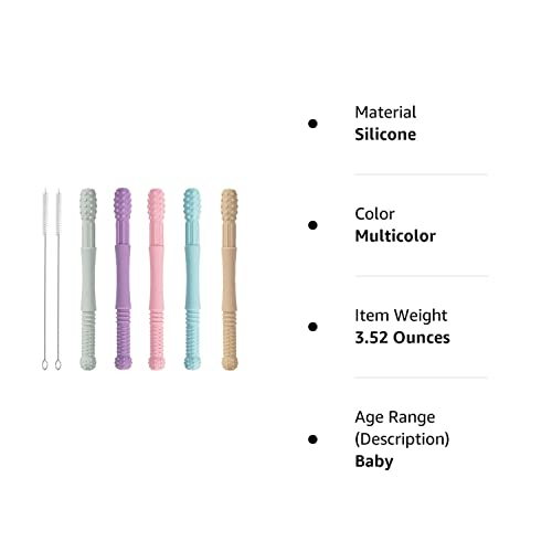 Hollow Teether Tubes, Honboom 5 Packs Soft Silicone Teething Tubes, Baby Soothing Teether Toy, Chew Straw Toy for Babies 0-12 Months with a Cleaning Brush, Dishwasher Safe (6.6in)