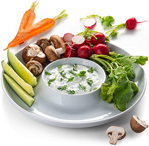 Kook Ceramic Chip & Dip Platter, Large Serving Dish, Round Tray for Snacks and Appetizers, with Bowl for Guacamole, Hummus, Dishwasher Safe, 13 inch, White