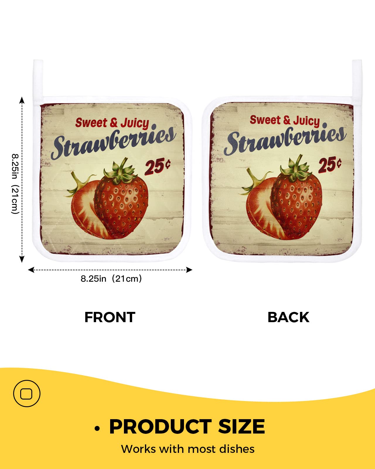 5 PCS Pot Holders with Hanging Loops, Red Strawberry Heatresistant Potholders Coasters Mat for Kitchen Cooking Baking BBQ Vintage Rural Shabby Grain