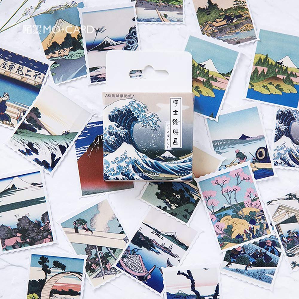 Small Postage Stamp Stickers, 46pcs Doraking Boxed DIY Decoration Stamp Stickers for Laptop, Planners, Scrapbook, Suitcase, Postcard, Gift Card, Envelopes(Ukiyoe, 46pcs/Box)
