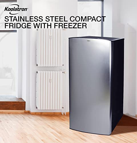 Koolatron Stainless Steel Compact Fridge with Freezer, 6.2 cu ft (176L), Silver/Black, Space-Saving Flat Back, 0.9 cu ft (25.5L) Freezer, Tempered Glass Shelves, Basement, Office, Cottage, Home Bar