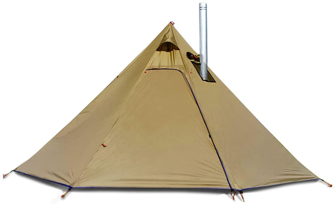 4 Person Teepee Hot Tent with Half Mesh and Fire Retardant Stove Jack Lightweight 6.8lb Height 7.2FT Teepee Tent Outdoor Camping Pyramid Tipi Tent (Brown Green)