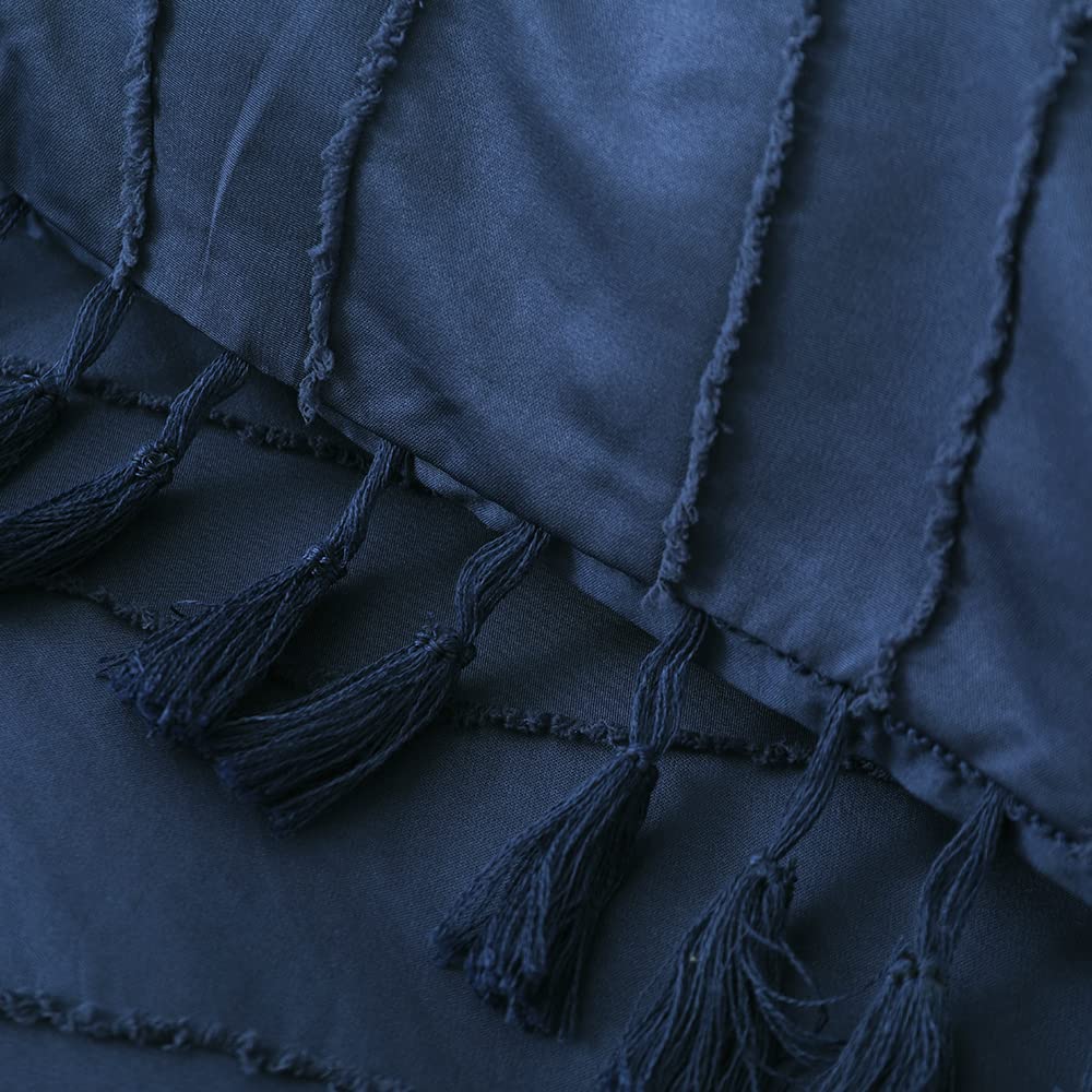 Vaulia Soft Microfiber Textured Duvet Cover Set with Tassels Design, Boho Chic Embroidery Striped Pattern Dark Blue, Queen Size 3-Piece Set (1 Duvet Cover 2 Pillow Shams)