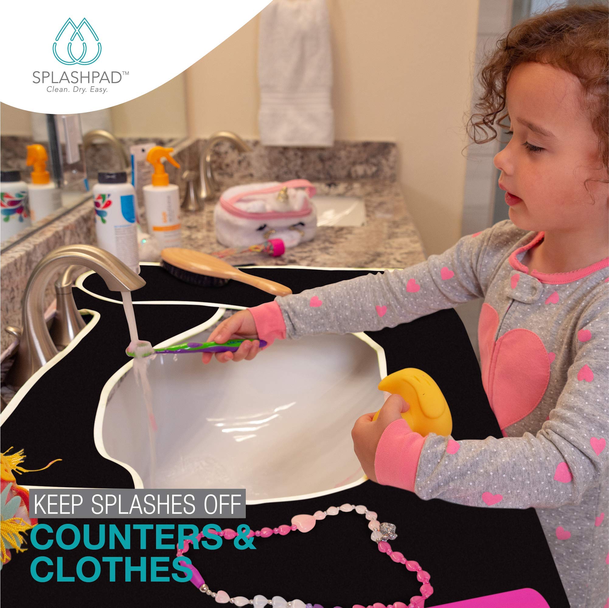 SPLASHPAD Bathroom Sink Mat - for Clean & Dry Countertops - Soft, Absorbent Microfiber, Non-Slip Rubber Grip - Children's Self Care Accessories for Hand Washing, Brushing Teeth - Solid Black