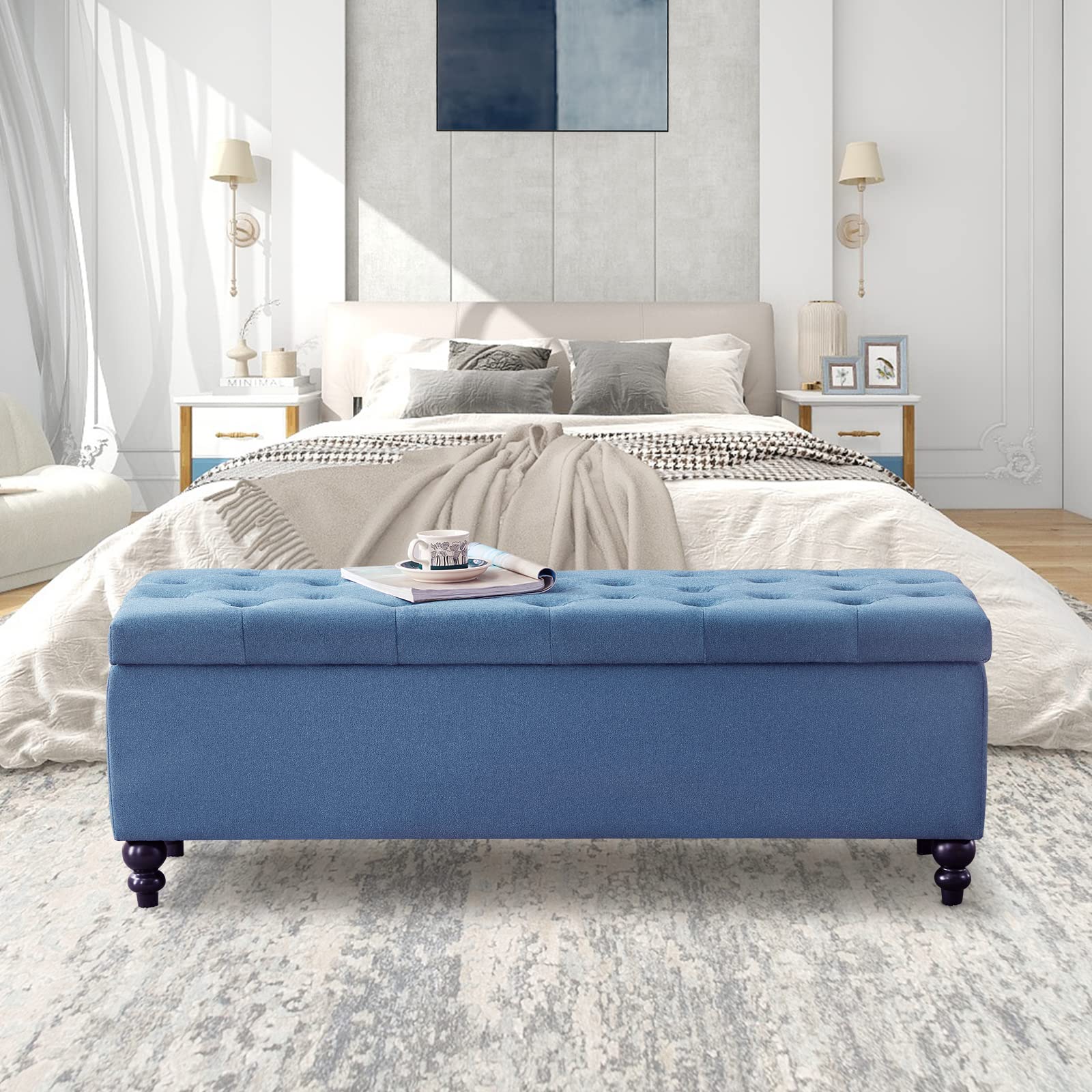 Storage Ottoman 50.2 Inches Upholstered Fabric Storage Ottoman Bench,Button Tufted Ottoman with Storage for Living Room,Bedroom End of Bed Bench Withstands 302lbs (Blue)