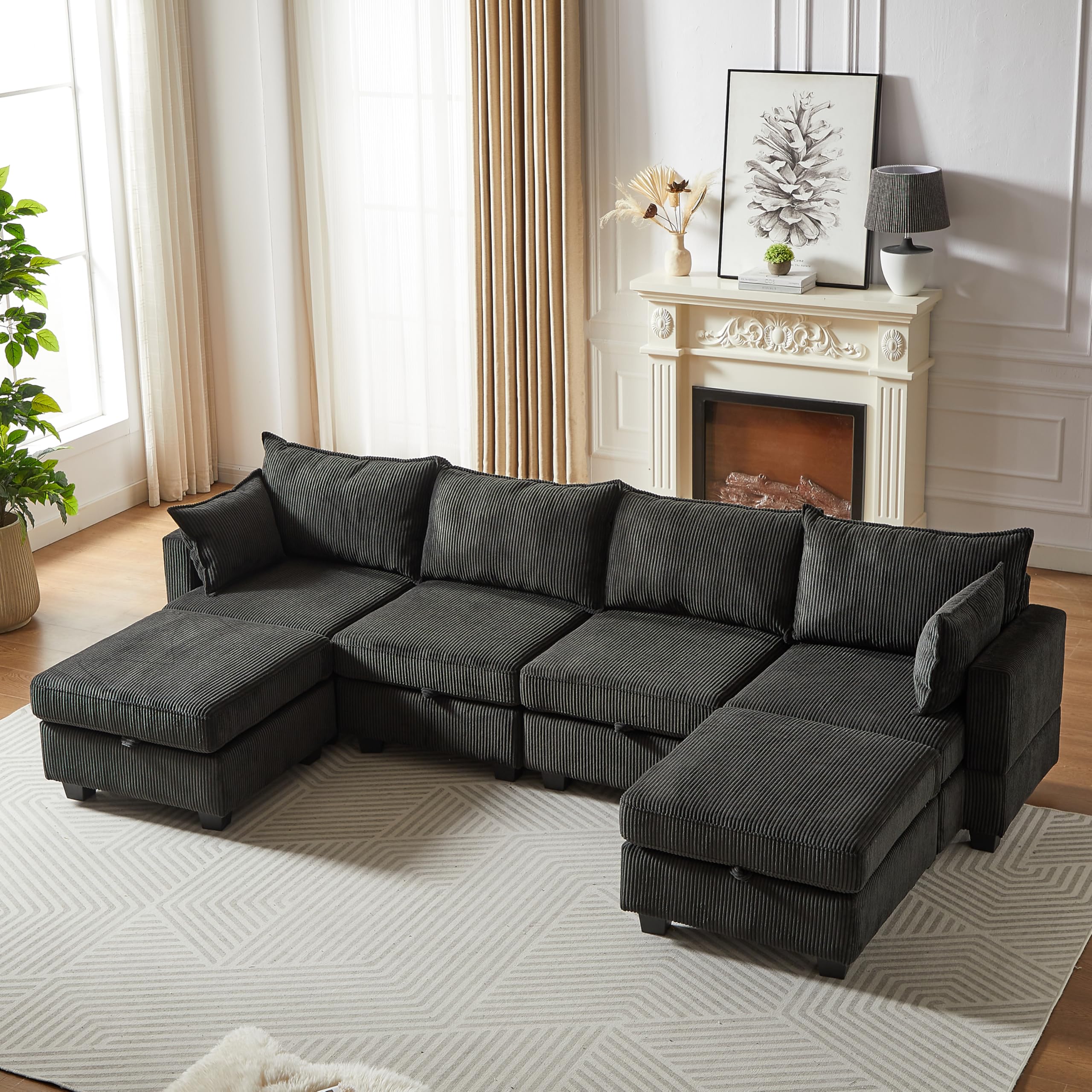 amervanito 113.5''Modern Modular Sectional Sofa, Large U-Shape Sectional Sofa Couch with Storage Seat, 6 Seats Convertible Sofa Bed with Reversible Chaise for Living Room (Black), wf035