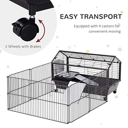 PawHut 2-Level Rolling Small Animal Playpen & Cage, Foldable Small Rabbit Fence, Guinea Pig House, Hedgehog Cage, Water Bottle, Water Bowl, Pet Exercise Pen, 35" L