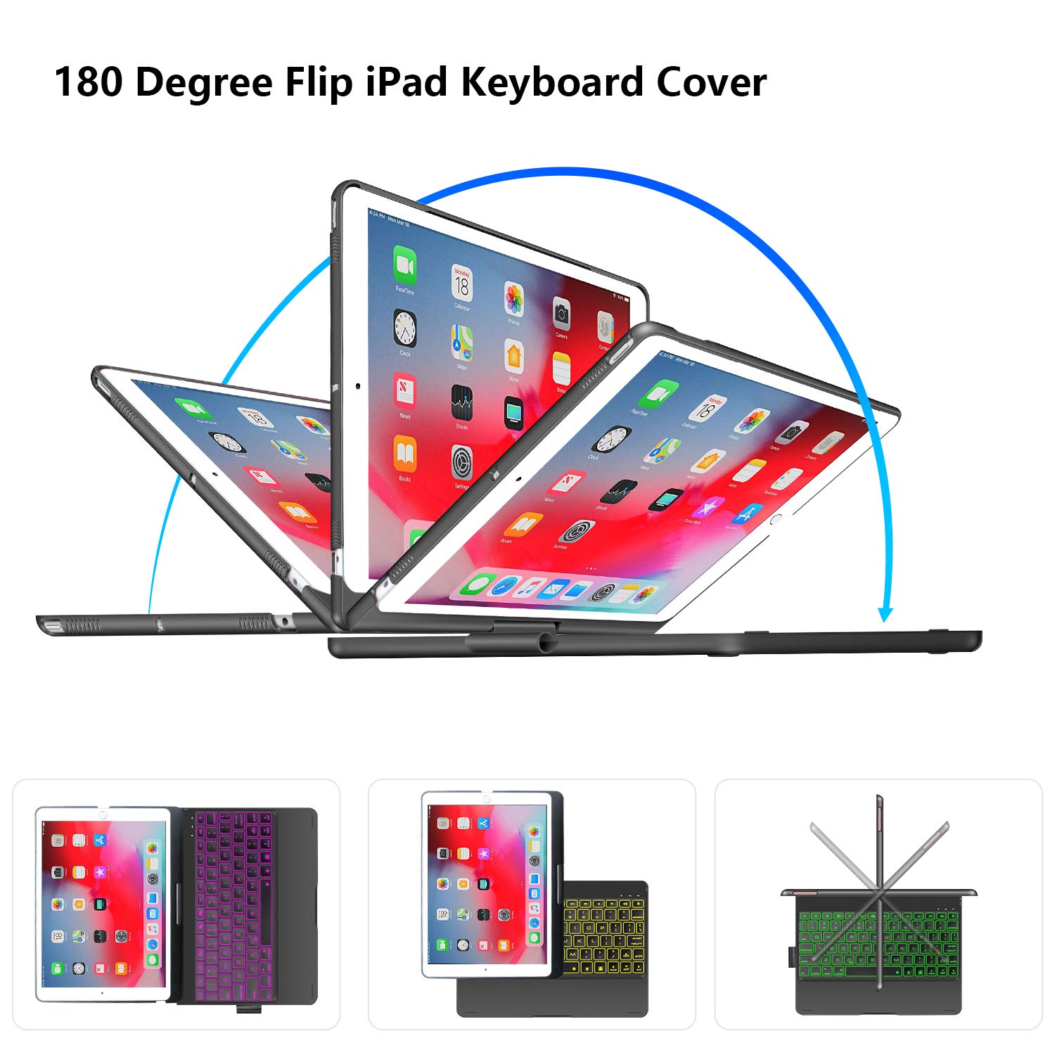 iPad Keyboard Case for iPad 6th Gen 2018, iPad 5th Gen 2017, iPad Pro 9.7, iPad Air 2, iPad Air 1, 360 Screen Rotation 7 Colors Backlight iPad Case with Keyboard - Black