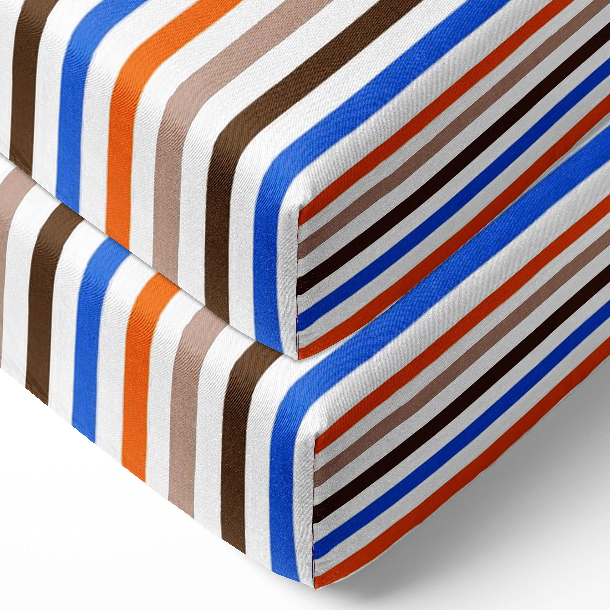 Bacati - 2 Pack MOD Sports Boys 100% Cotton Percale Universal Baby US Standard Crib or Toddler Bed Fitted Sheets (Stripes, Blue Orange Chocolate Brown)