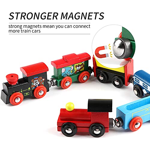 Wondertoys Wooden Train Cars 12 PCS Magnetic Train Sets Includes 3 Engines and Storage Bag - Wooden Train Set for Toddlers Compatible with Major Brands Train Set Tracks - Trains for Train Table
