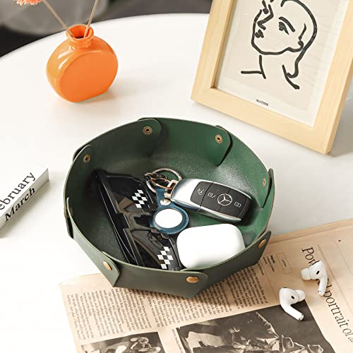 Aoyinism Leather Valet Trays,Premium Catchall Trays,Jewelry Trays, Decorative Desk Organizer, Soft Foldable Desk Organizer, Office/Home Organization Trays(Large and Small,2PCS) (Green)
