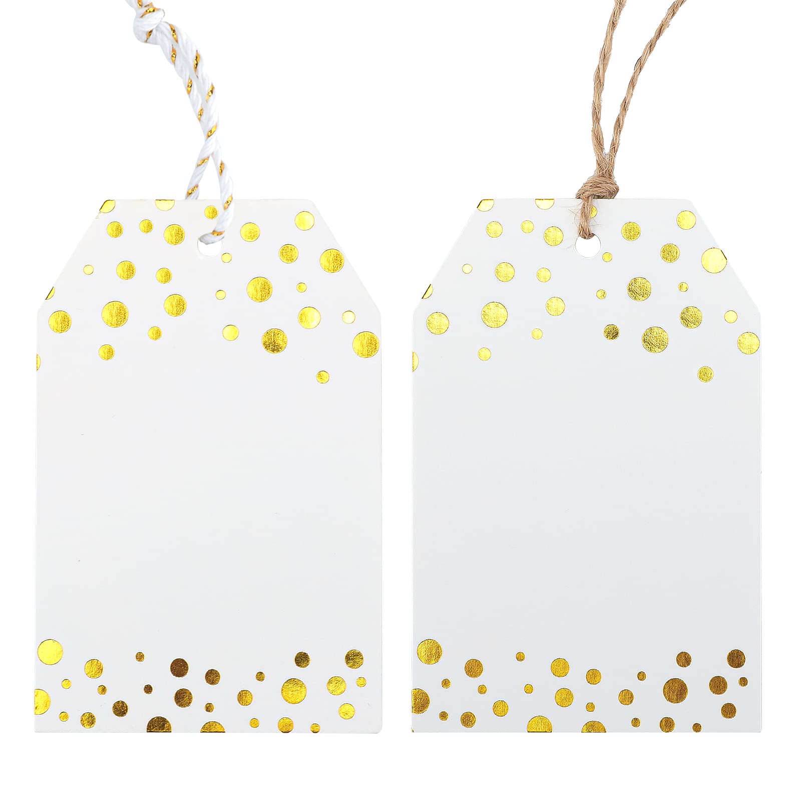 Anwyll Gift Tags,Gold Foil Metallic Confetti Polka Dot Gift Bag Tags Design with String,100Pcs Personalized Paper Gift Tags,White Paper Gift Labels for Birthday Party Wedding Christmas Favor Gift Wrap