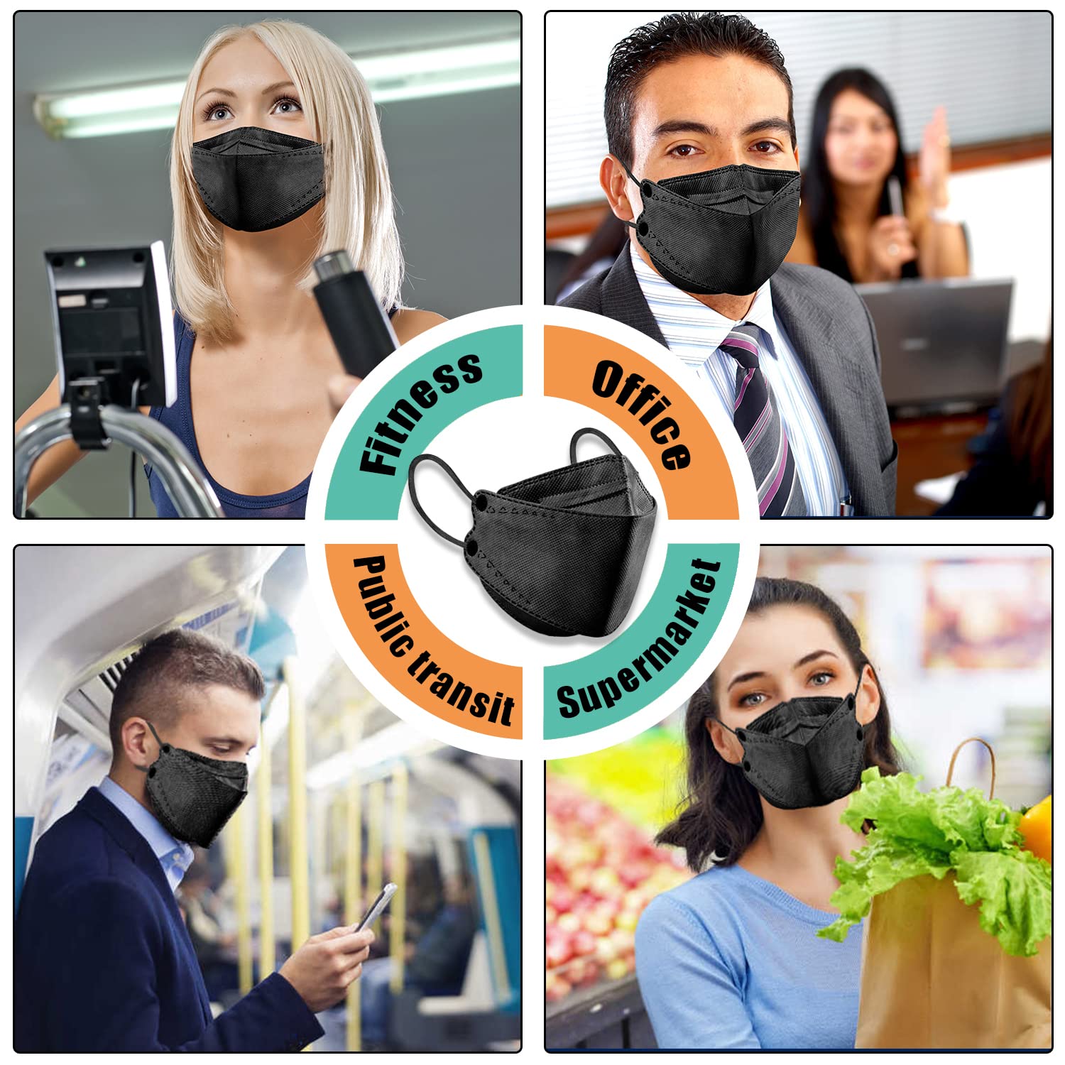 50PCS KF94 Mask, 3D Fish Type Masks for Adult, Protective Face Shield Mask 4 Layer with Adjustable Nose Clip Men Women Black