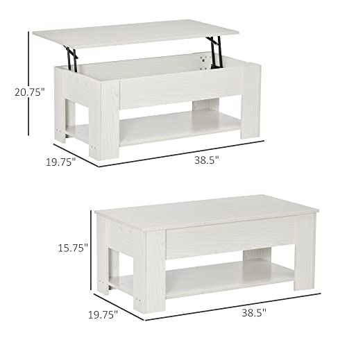 HOMCOM 39" Lift Top Coffee Table with Hidden Storage Compartment and Open Shelf, Pop Up Coffee Table for Living Room, White