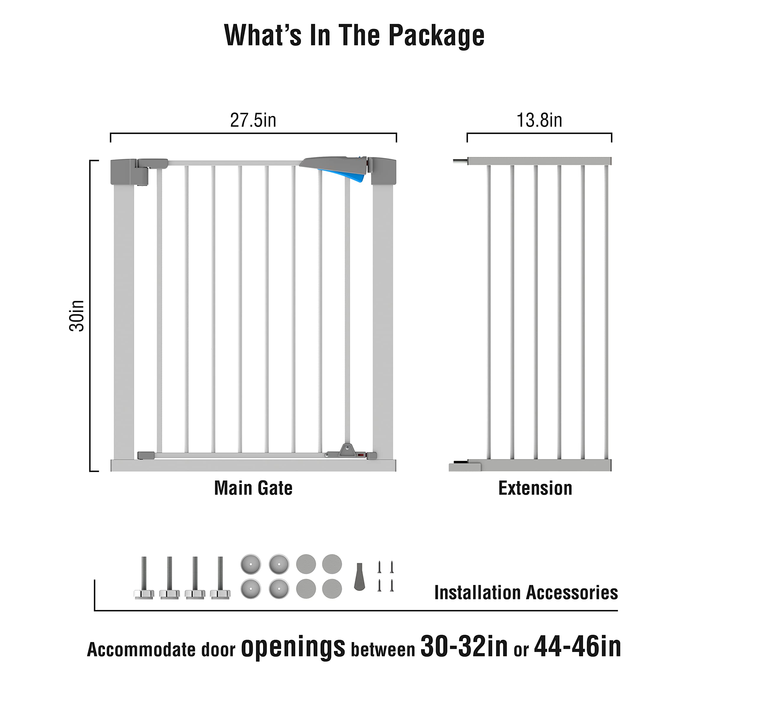 Walk Thru Baby Gate,Auto-Close Safety Pet Gate Metal Expandable Dog Gate with Pressure Mount for Stairs,Doorways,Banister (47" Wide(Include 13.8" Extension, White)