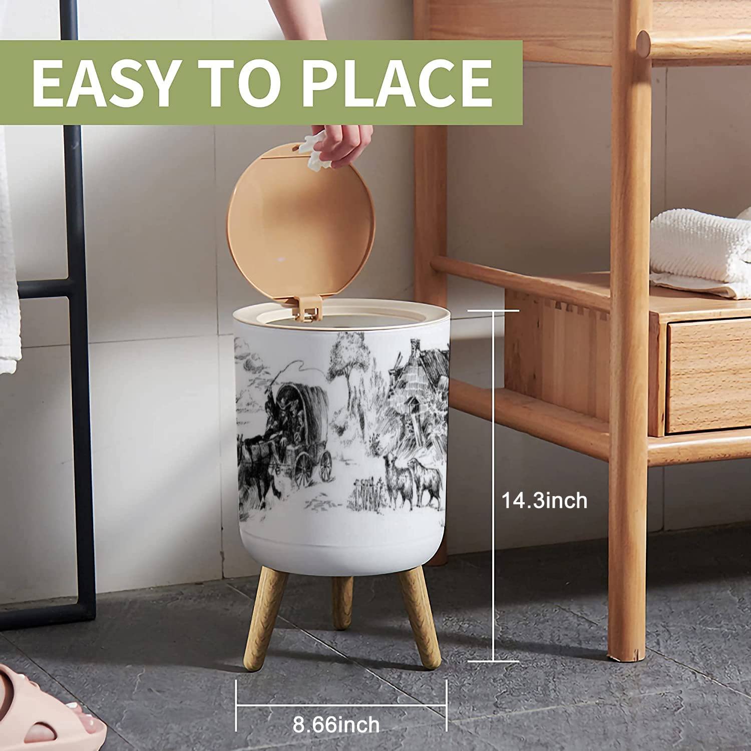 IBPNKFAZ89 Small Trash Can with Lid Vintage Western Ranch Seamless American Wild west Garbage Bin Wood Waste Bin Press Cover Round Wastebasket for Bathroom Bedroom Kitchen 7L/1.8 Gallon