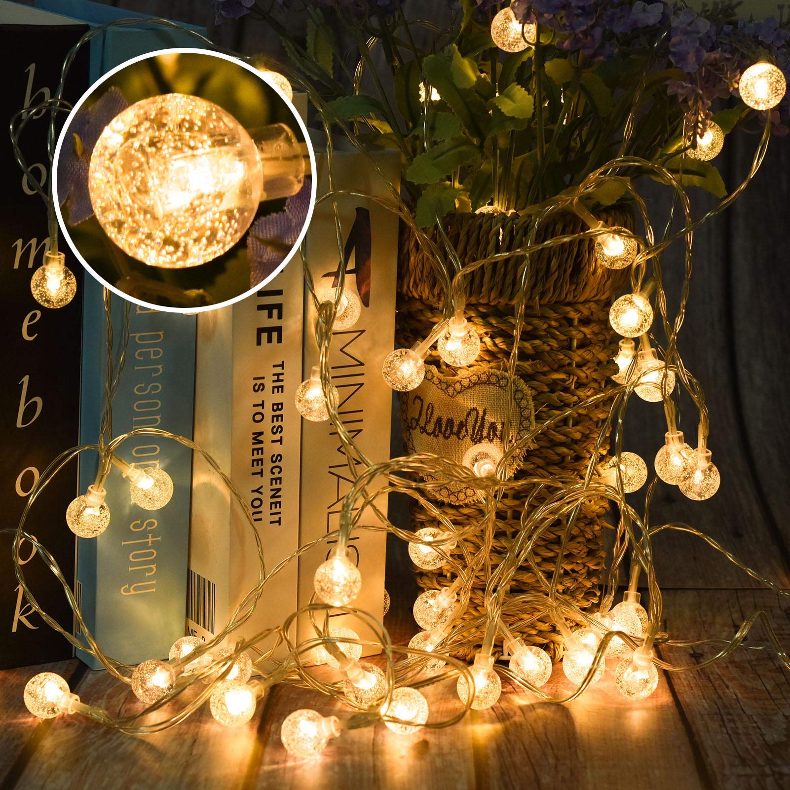 Battery Powered String Lights（2-Pack）, 50-LED Globe String Lights with 8-Lighting Modes, Battery Operated Waterproof String Lights for Home, Party, Christmas, Wedding, Garden Decoration 33.4ft