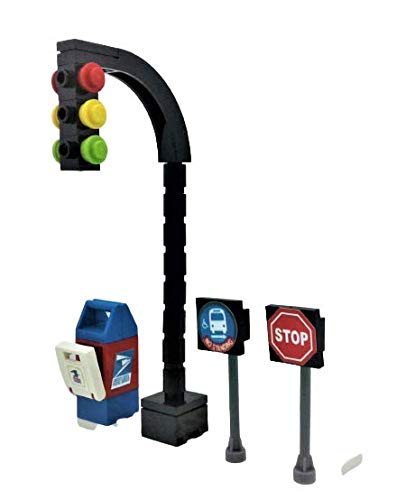 Building Bricks Toys City Town Village Street Main Road Arch Traffic Light, Stop Sign, Bus Stop, Post Box, Road Sign, 4 PCS Playset. for Kids 4+ Plastic