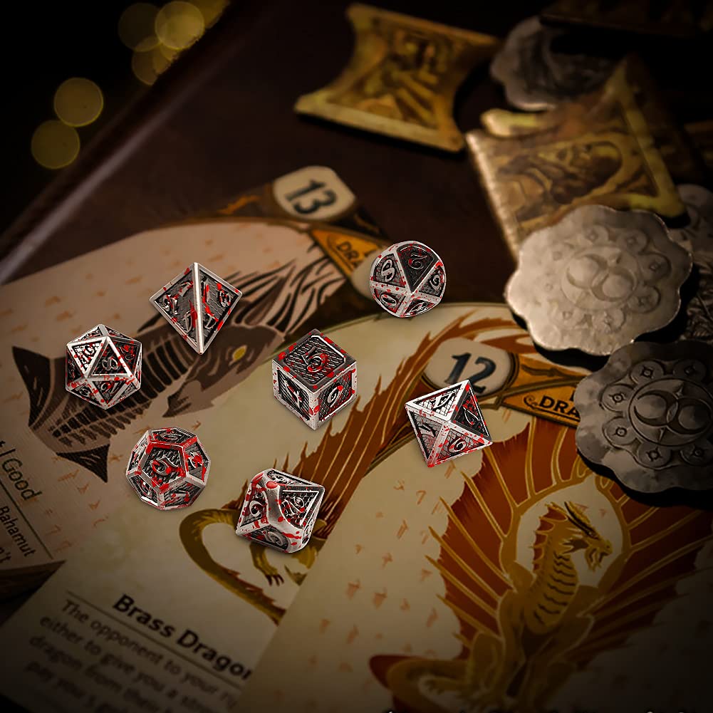 Bloodstained Metal DND Dice Set of 7Pcs with Storage Box, Dragon Scale D&D Dice Set with Oversized D20 for Tabletop Roleplaying Games, Dungeons and Dragons, DND, D&D