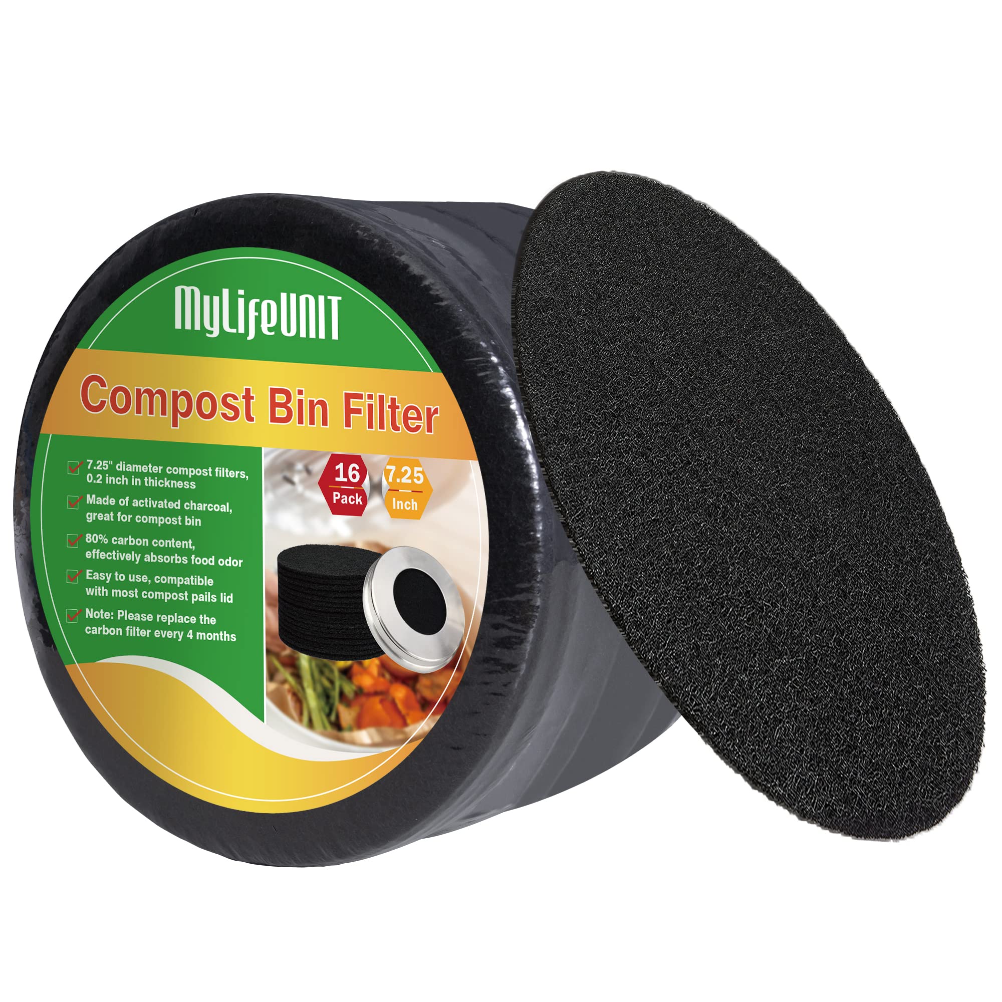 MyLifeUNIT 16 Pack Compost Bin Filter, Kitchen Compost Pail Charcoal Filter Replacements (7.25 inches)