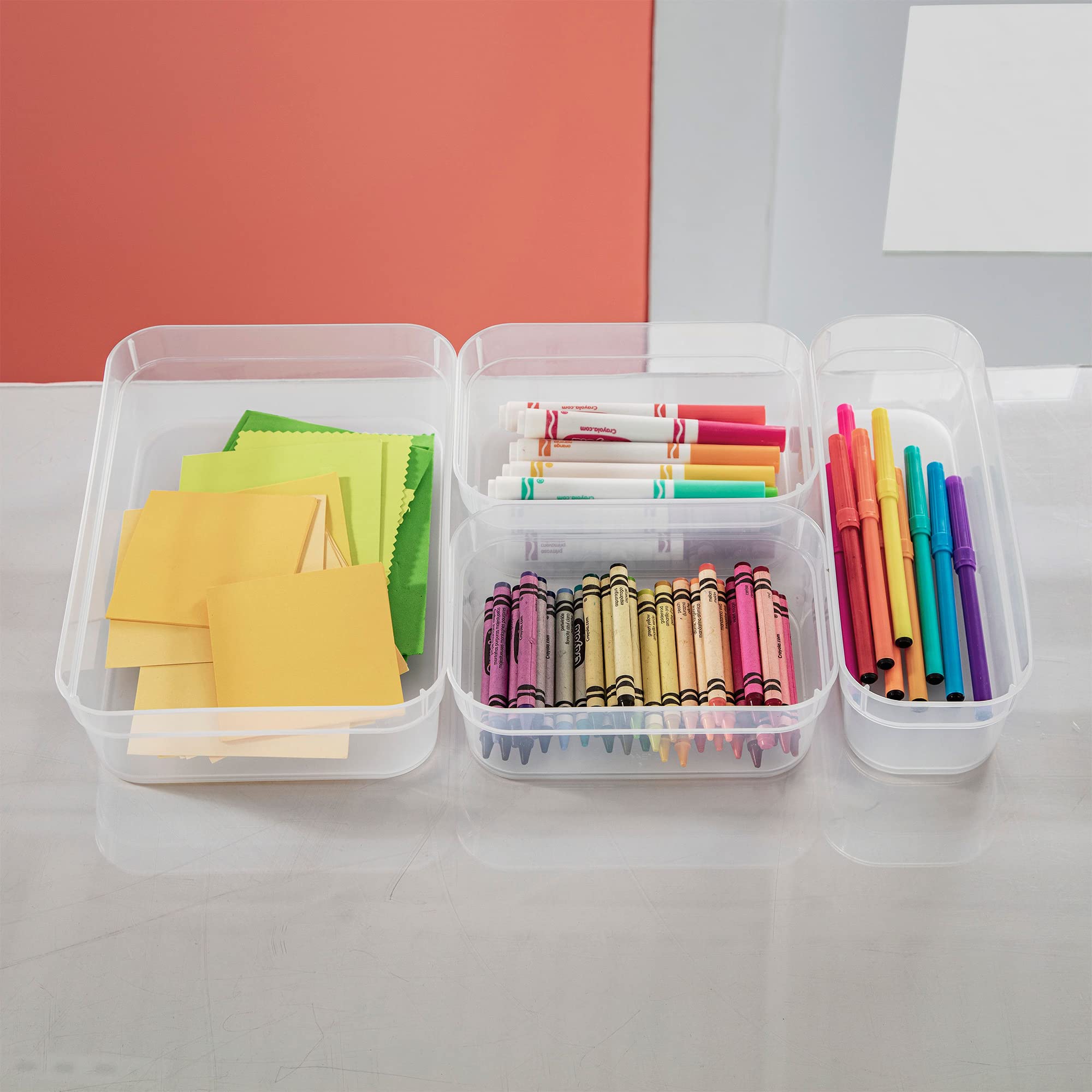 Sterilite 13558608 Medium Storage Trays with Sturdy Banded Rim and Textured Bottom for Desktop and Drawer Organizing, 3-Pack, Clear