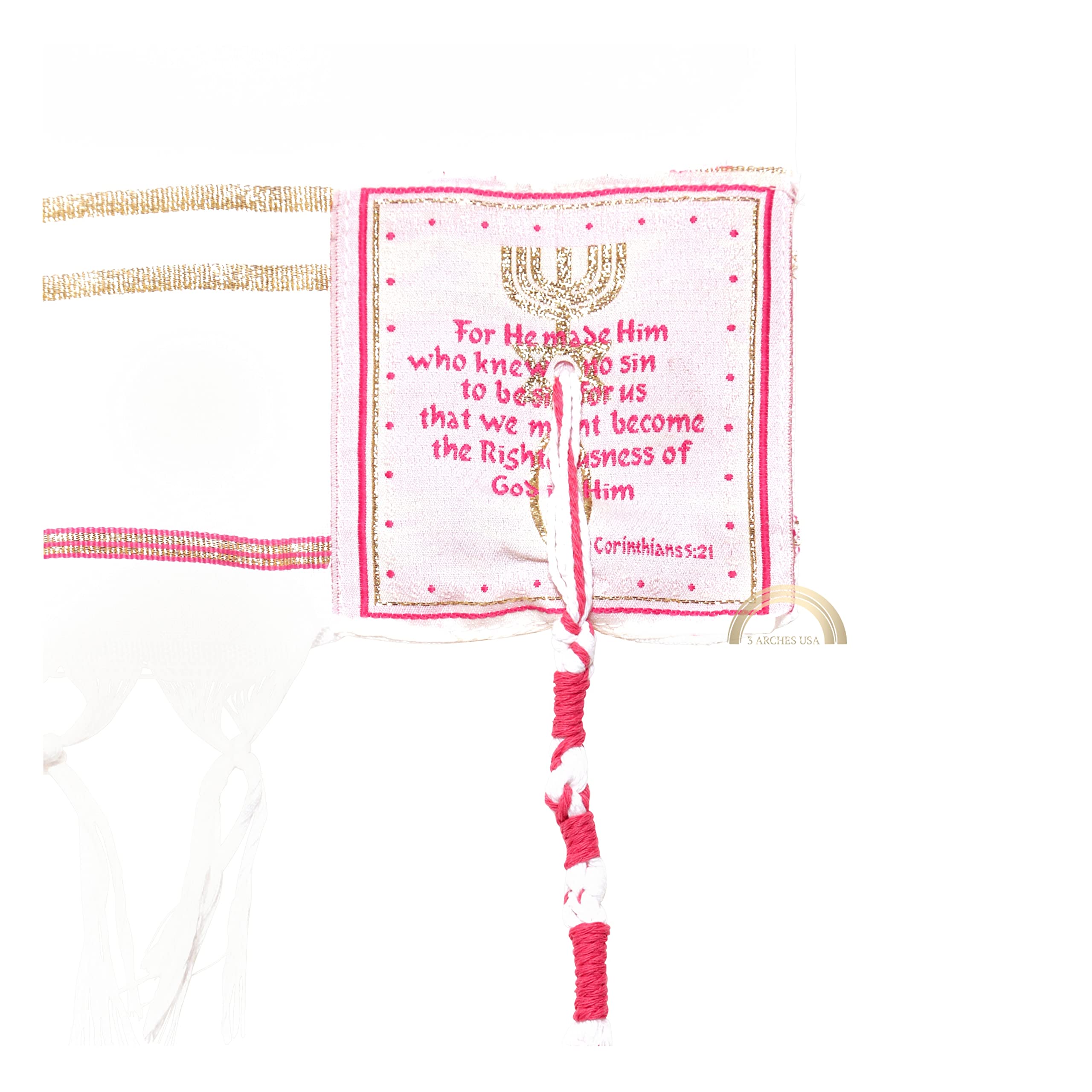3 ARCHES USA, New Covenant Prayer Shawl Christian, Pink Messianic Tallit 72βX22β With Bag, Israel Design.