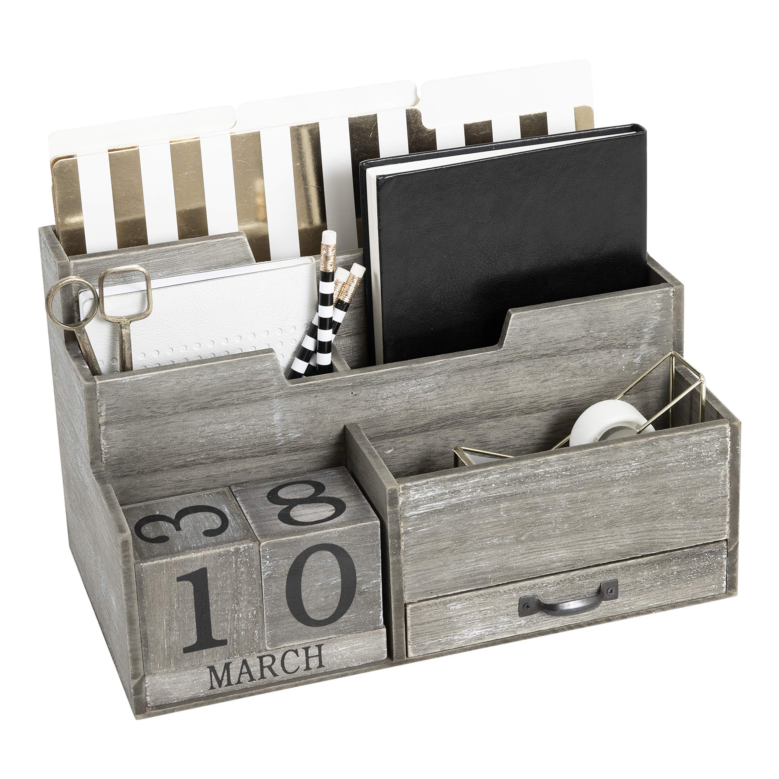 BLU MONACO Wooden Mail Organizer Desktop with Block Calendar - Mail Sorter Countertop Organizer - Desk Decorations for Women Office