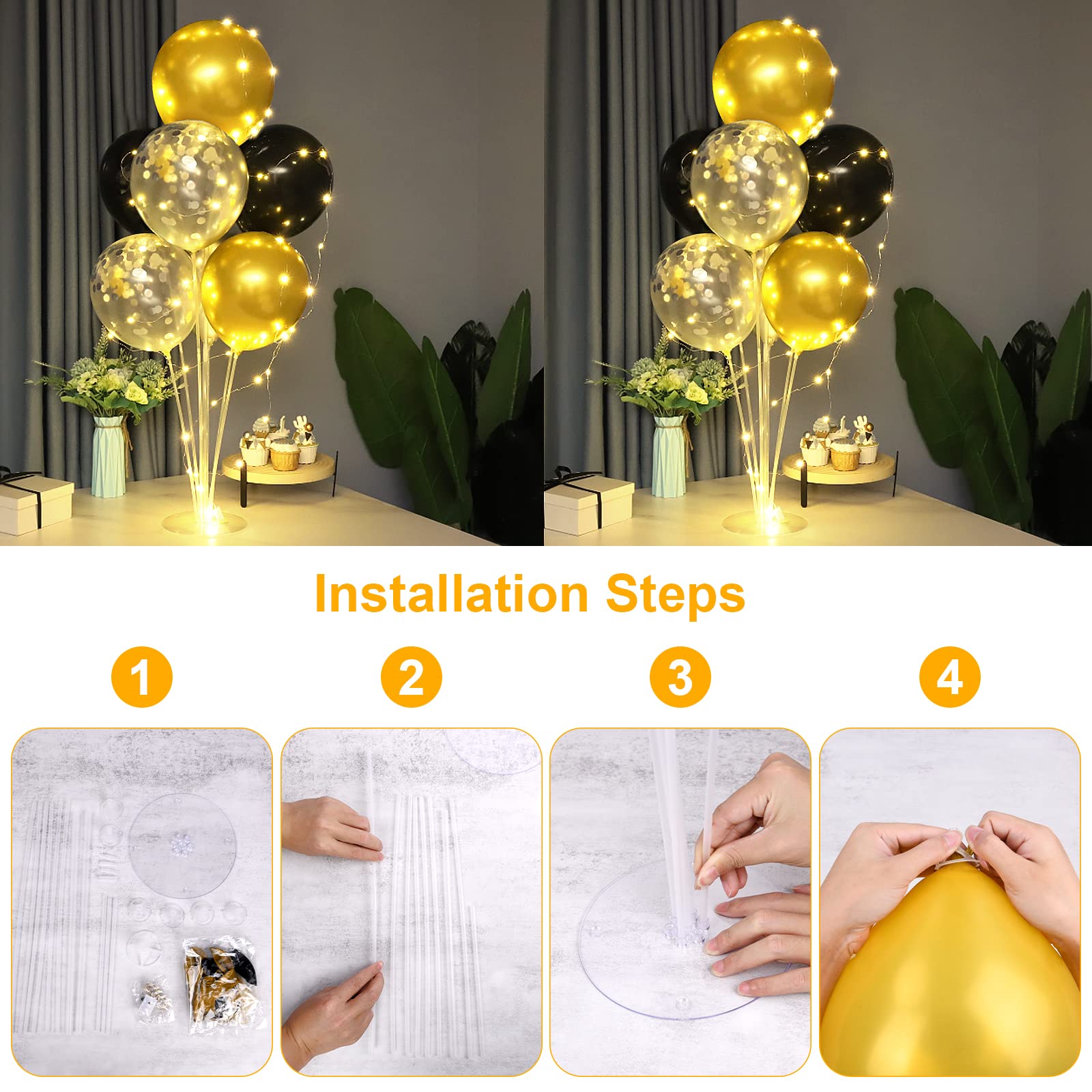 Ainiv 2 Set Table Balloon Stand Kit with Lights, Light Up Balloon Holder Include 16 Black Gold Latex Confetti Balloons, Christmas Party Decorations for Birthday, Weddings, Anniversary and Graduation