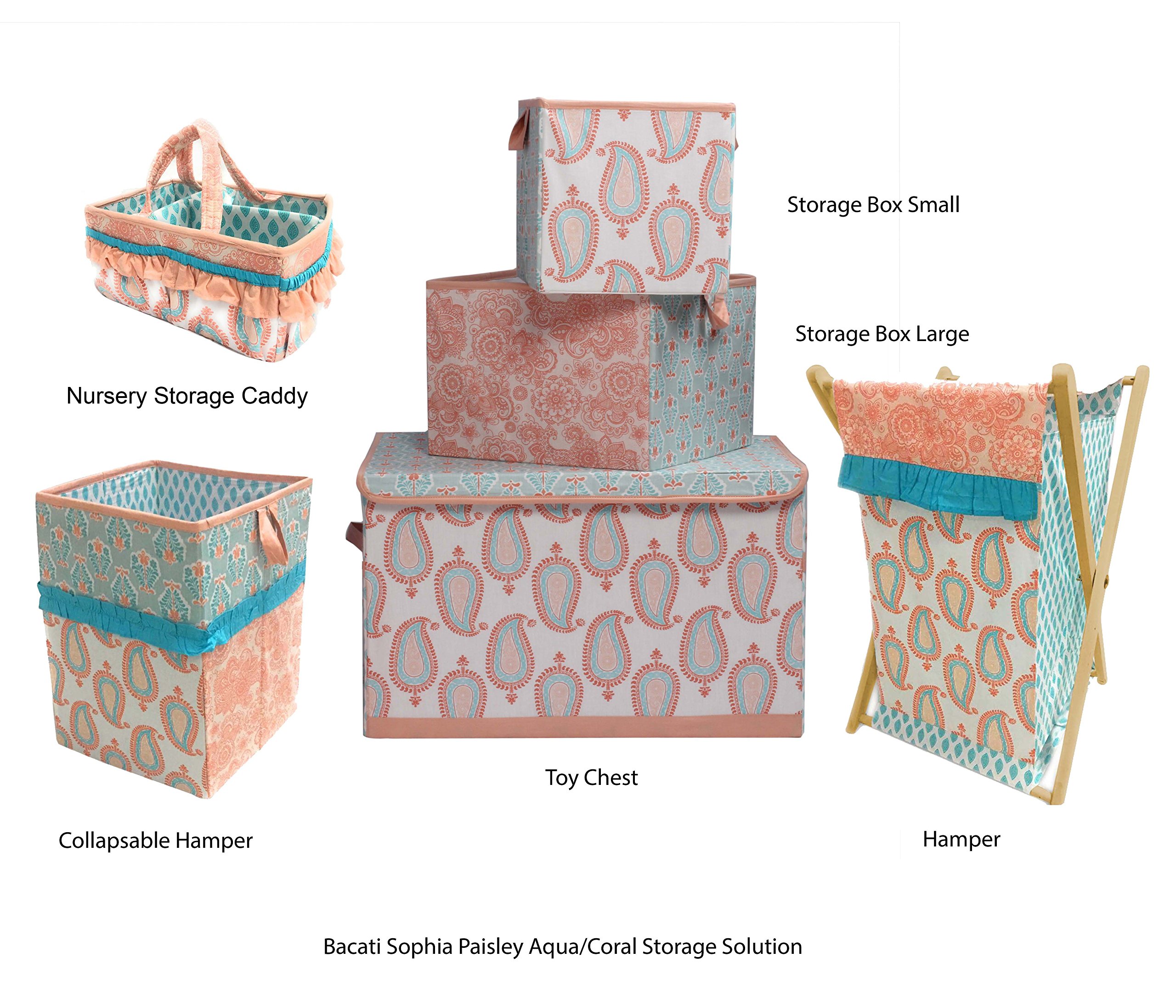 Bacati - Paisley Kids Storage (Laundary Hamper with Wooden Frame and Mesh Liner, Coral/Aqua)