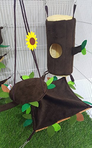 HOT! 7 Pcs/Set Cute Sugar Glider Hamster Marmoset Squirrel Chinchillas Small Pet Hanging Log + Edge Corner Dark Brown Cage Set Forest Pattern Get Free 1 Small Pet Treats, PB's REPUBLIX