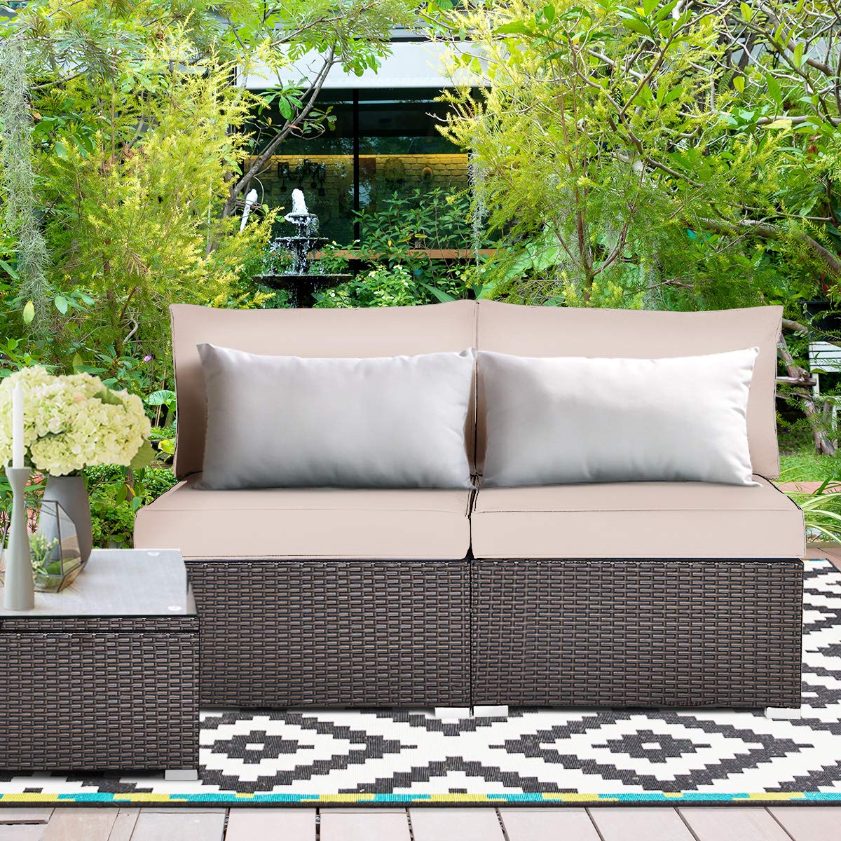 RELAX4LIFE 2-Piece Rattan Armless Sofa - Patio Wicker Sectional Conversation Sofa Set with Removable Cushions, Heavy-Duty Steel Frame, Outdoor Furniture Set for Garden, Backyard, Poolside (Brown)