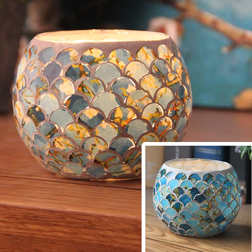 Blue Fish Scales Mosaic Glass Tea Light Candle Holder Romantic Handmade Gifts Votive Candleholder Christmas Candlestick Holders Table Centerpieces Home Decor Wedding Party Table Decorations