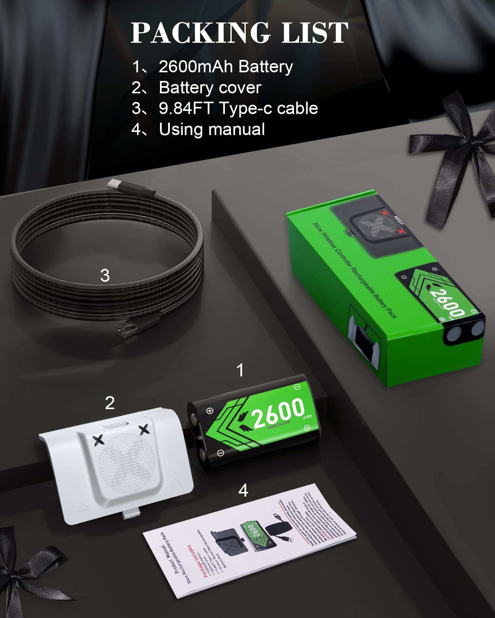 TAOZKAM Rechargeable Battery Pack for Xbox One/Xbox One S/Xbox One X/Xbox One Elite, 2600mAh Play and Charge Kit with 9.8FT USB Charging Cable and LED Indicator for Xbox Controller with Cover-White
