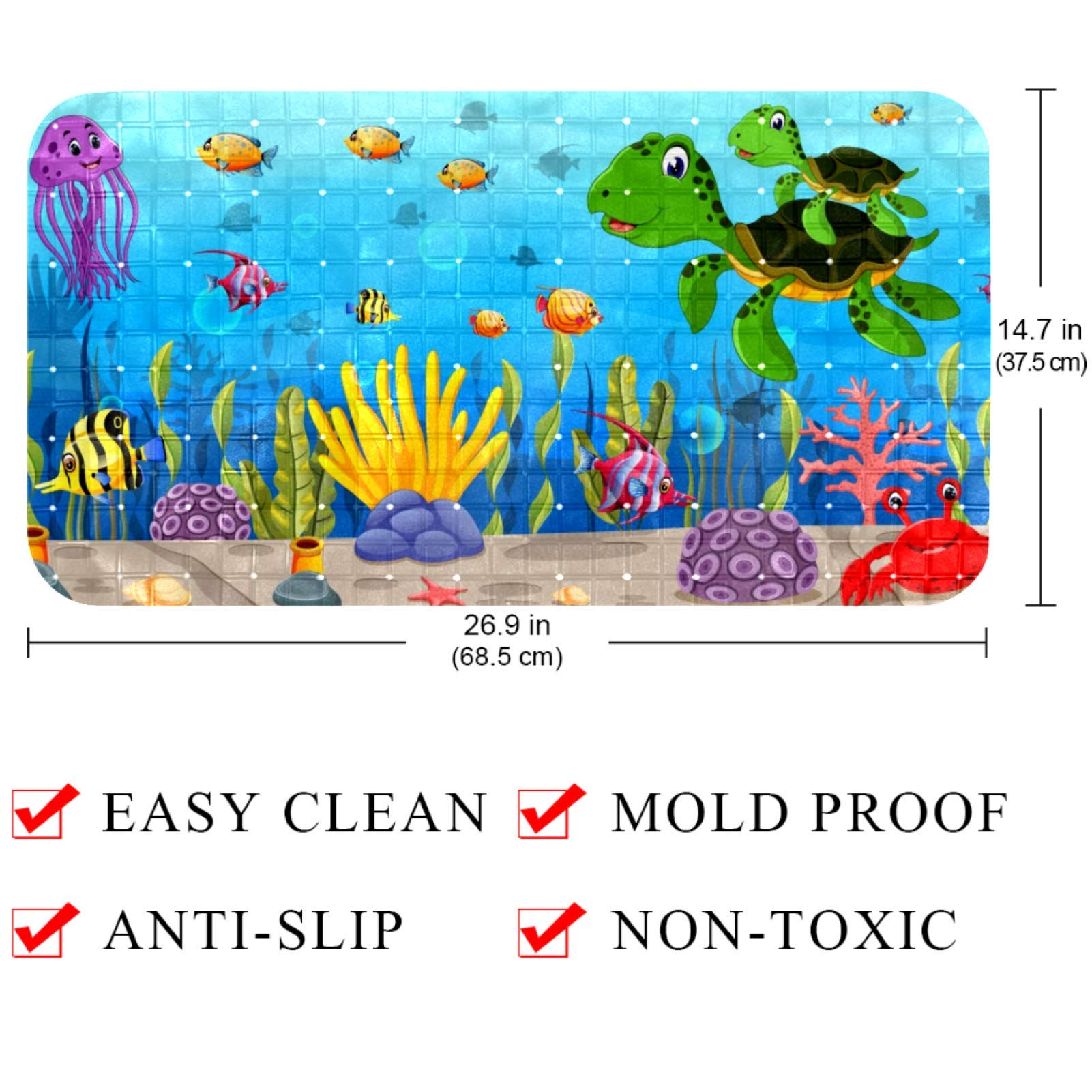 Shower Bath Mat (14.7x26.9 in) Cartoon Turtle Underwater Massage Textured Rectangle for Bathroom Showers, Tub
