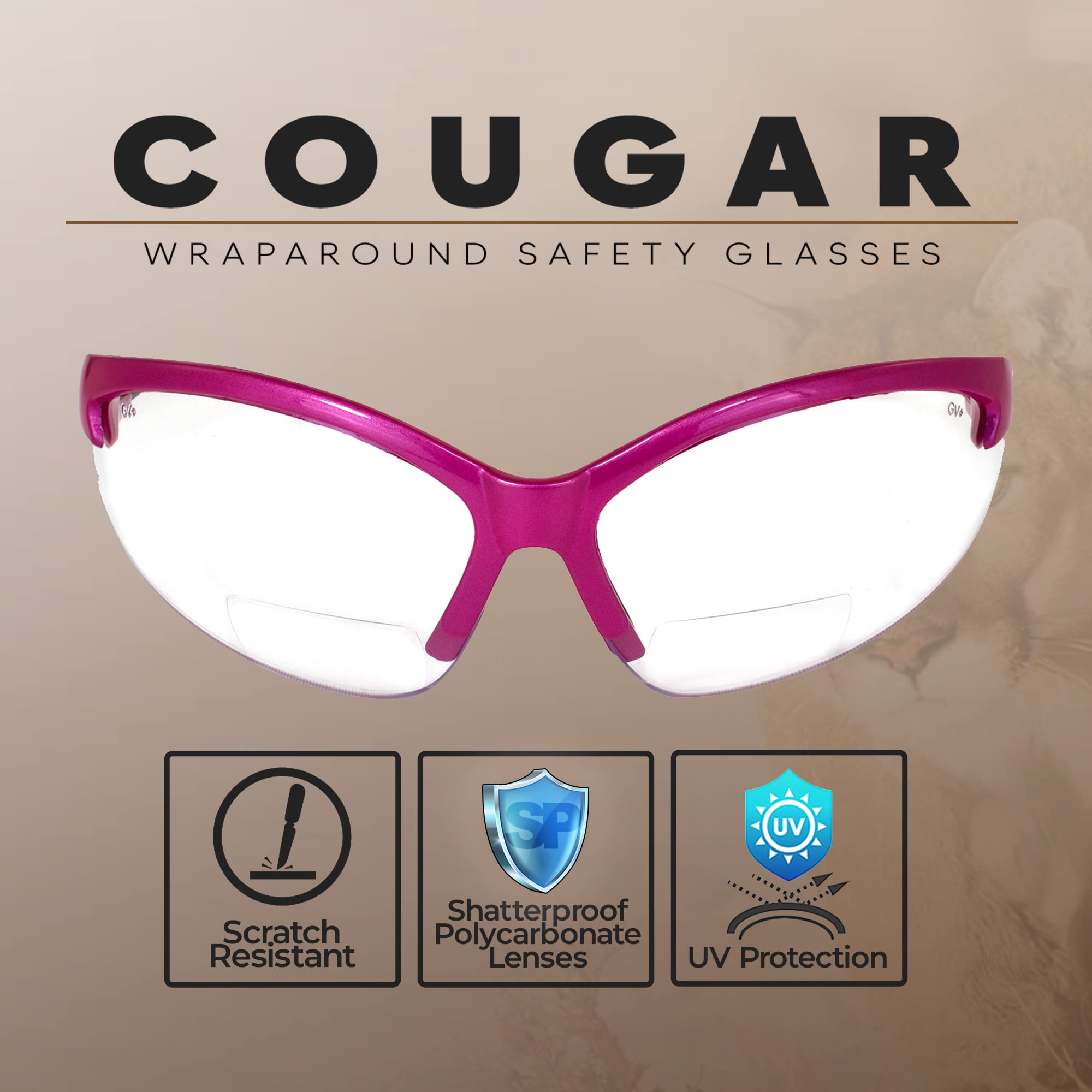 Global Vision Eyewear Cougar Series Bifocal 2.5 Lens Magnification Safety Sunglasses, Clear Lens, Gloss Dark Pink Frame