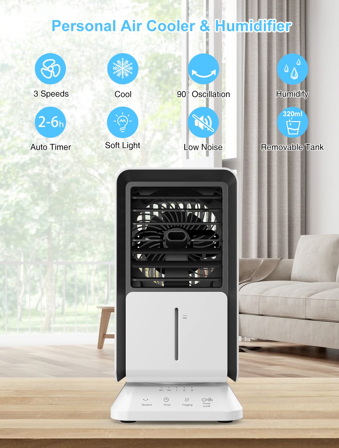 Lafhome Portable Air Conditioner, Mini Oscillating Air Conditioner Personal Small Air Cooler Evaporative Cooler Desk Fan with Timer Function and LED Night Light for Home Office Bedroom Indoor Use