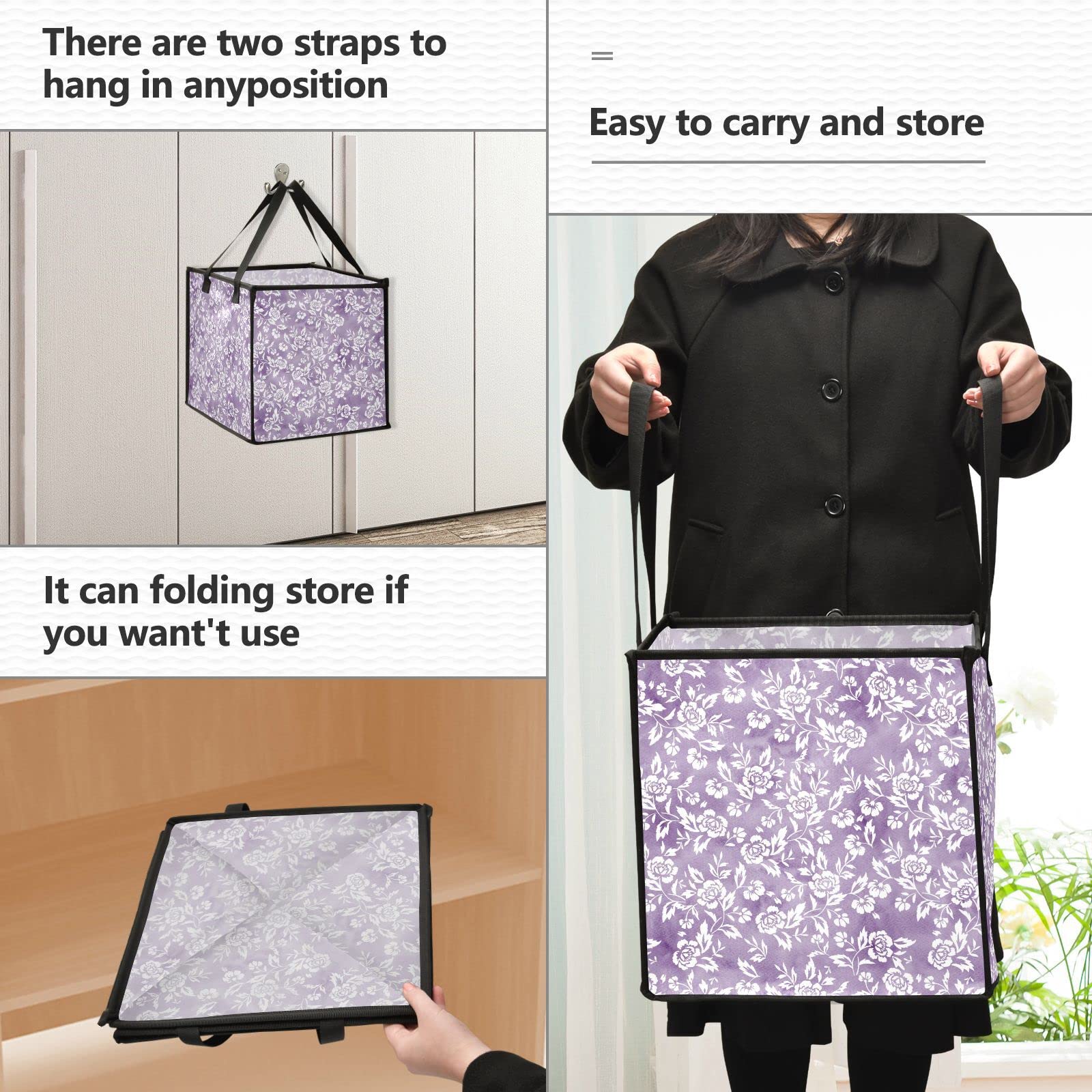 XIOMARA Foldable Storage Bins,Purple Pattern White Flowers Storage Baskets Cubes with Handles for Closet Nursery Office Grey and Black Trim (10.63x10.63x10.63in)