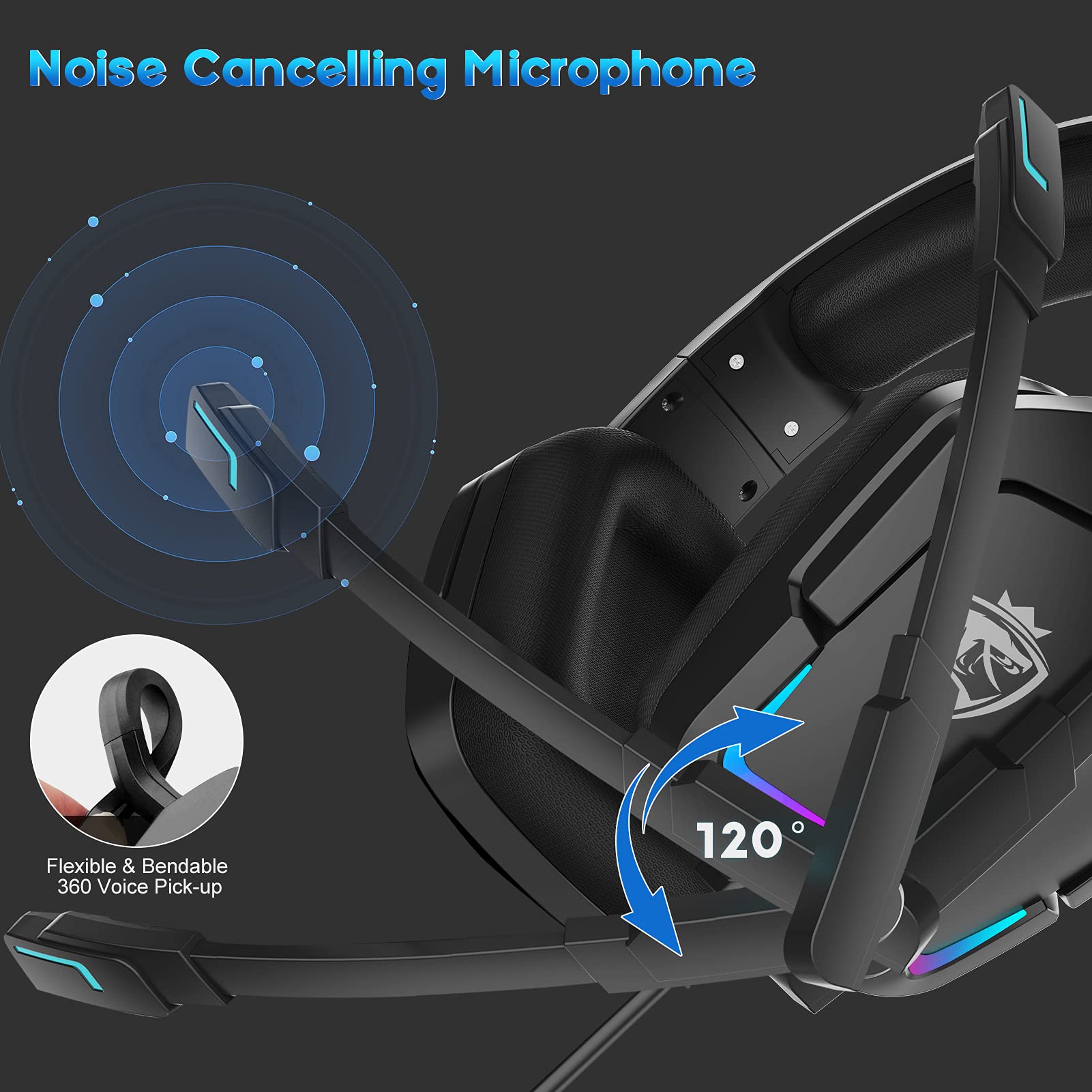 52HZ Gaming Headset, Hurround Hound Headset, Cool LED Light Headphone with Mic Light, PC Headset, Excellent Sound Quality Over-ear Headset for PC, Xbox One, Xbox series X|S, PS5, PS4, Black