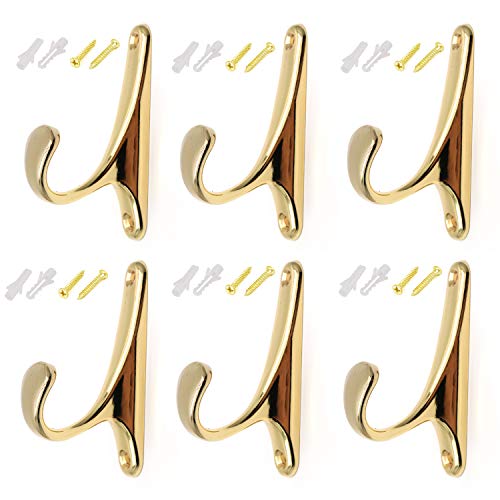 Rannb Gold Hooks Single Coat Hooks Wall Mounted Single Hook - 6pcs