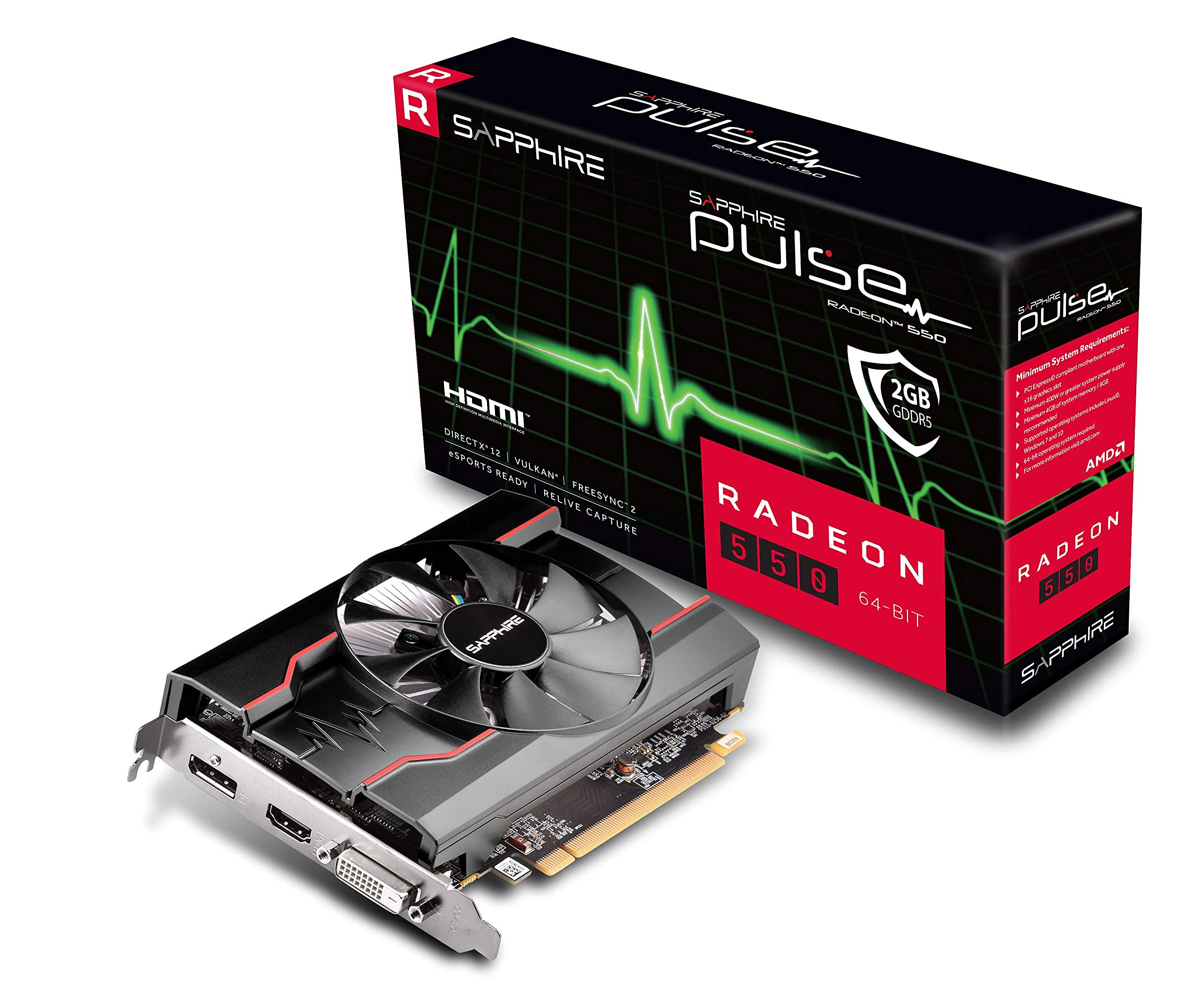 Sapphire Technology, Sapphire 11268-21-20G Radeon Pulse RX 550 2GB GDDR5 64-bit HDMI DVI-D DP OC (UEFI) PCI-E Graphics Card (Renewed)