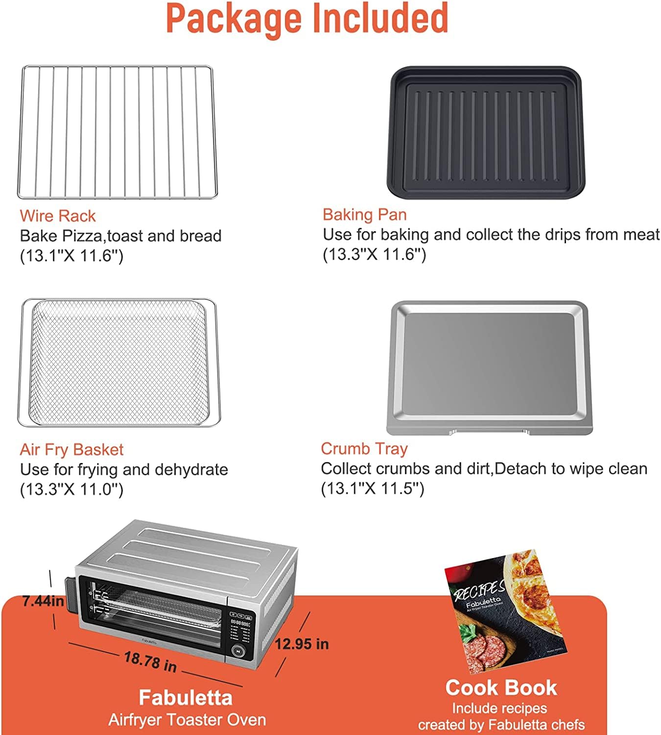 Air Fryer Toaster Oven Combo, Fabuletta 10-in-1 Toaster Ovens Countertop 1800W, 100-450°F Temperature Control,Flip Up & Away Capability for Storage Space, Enamel Baking Pan Easy Clean with Recipe Book
