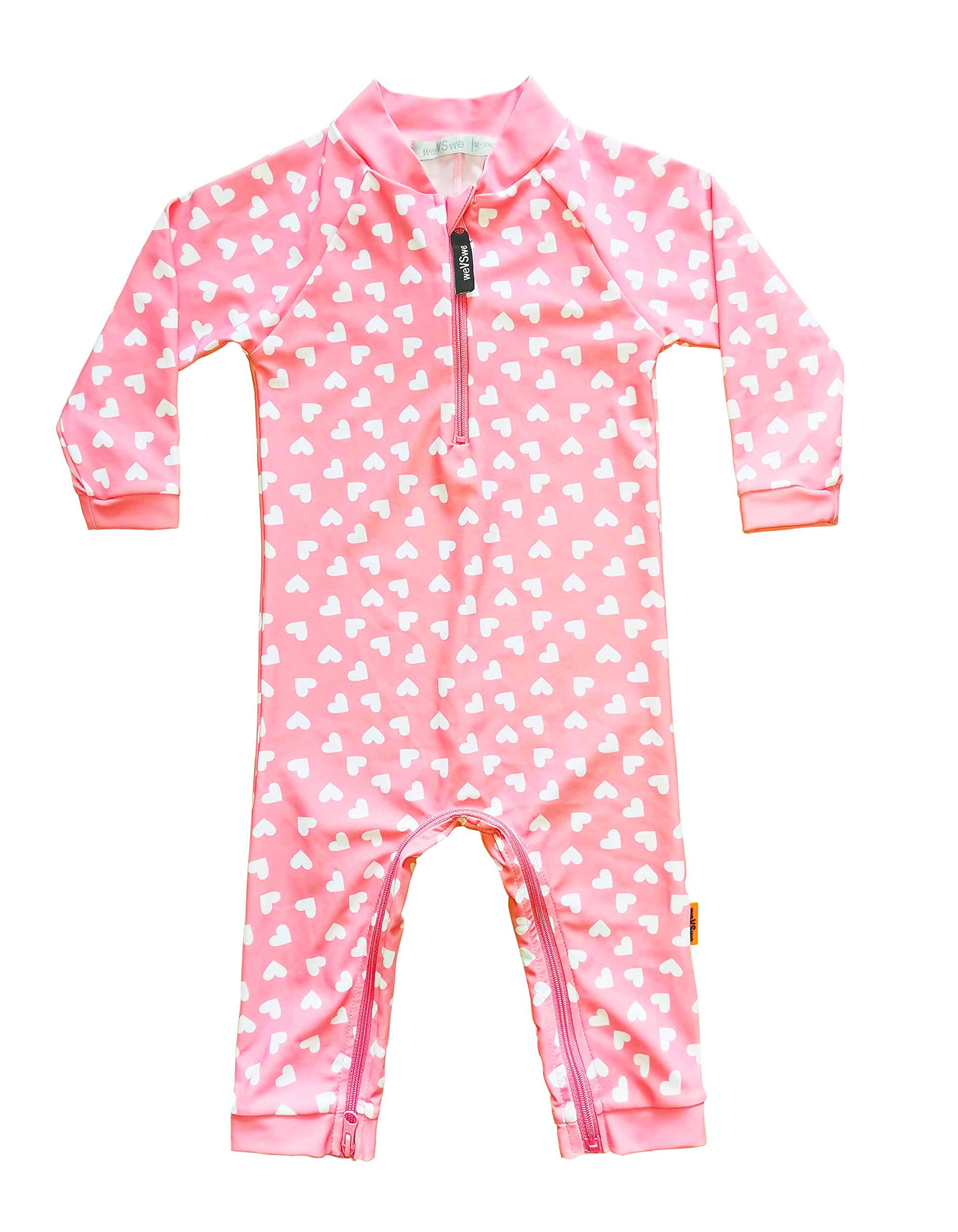 weVSwe Baby Toddler Sun Protection Rash Guard One Piece Pink Heart Girls Swimsuit Crotch Zipper for Easy Diaper Changes Newborn