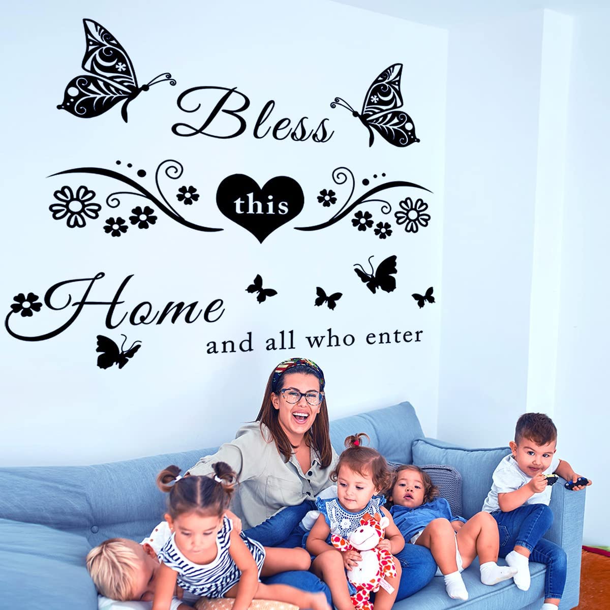 Vinyl Wall Stickers Quotes Wall Art Decal Sticker Bless This Home and All Who Enter Wall Decals Flowers Butterfly Wall Decor Sticker for Entryway Living Room Home Decor.
