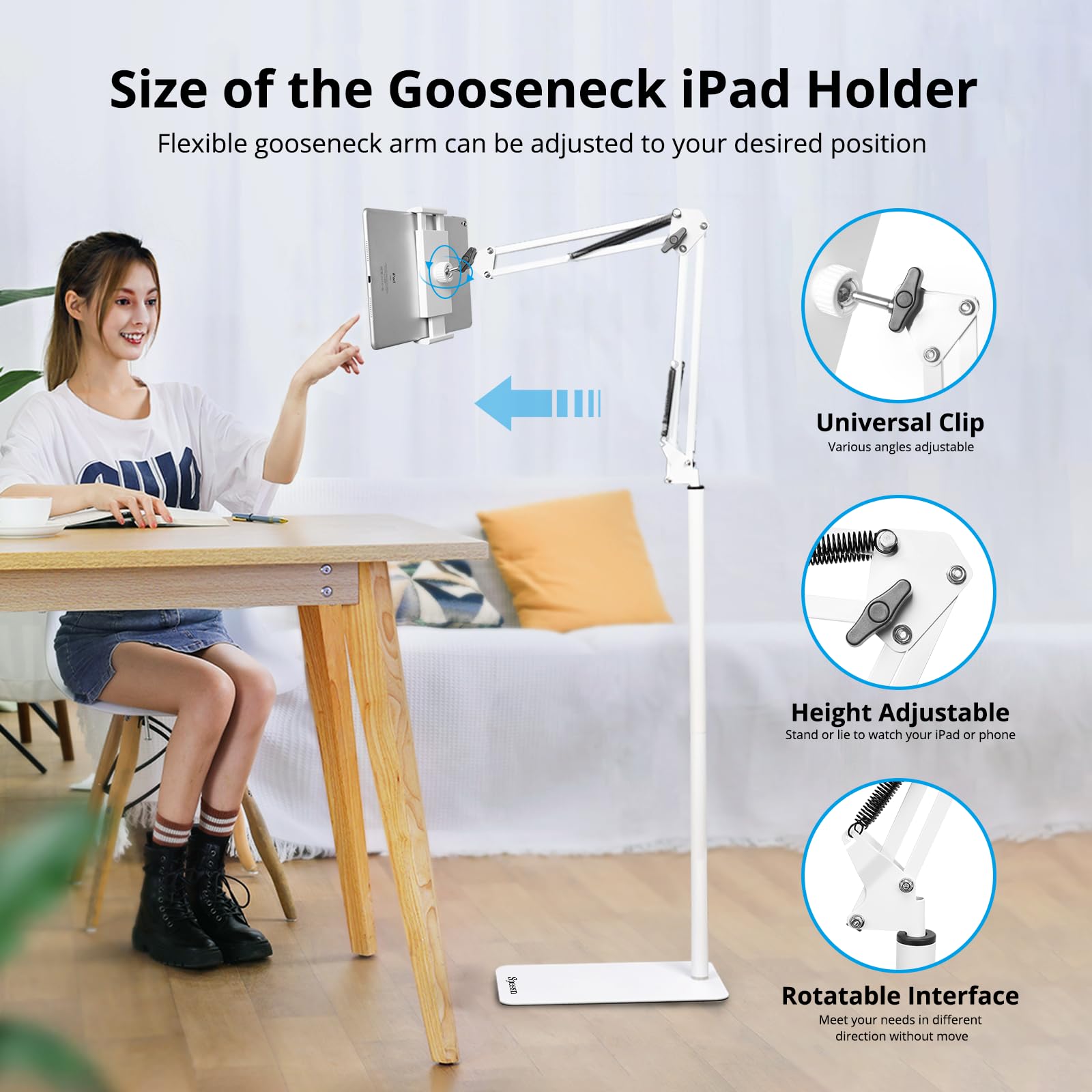 Spessn Adjustable Tablet Floor Stand Universal 360-degree Rotatable Metal Tablet Holder Phone Stand Compatible iPad/iPhoneX/iPad Pro 4.5~12.9 Inch-Screen, Phone, Kindle (White)