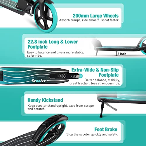 BELEEV V5 Scooters for Kids 6 Years and up, Folding Kick Scooter 2 Wheel for Adults Teens, 4 Adjustable Handlebar, 200mm Big Wheels, Lightweight Sports Commuter Scooter, up to 220lbs(Auqa)