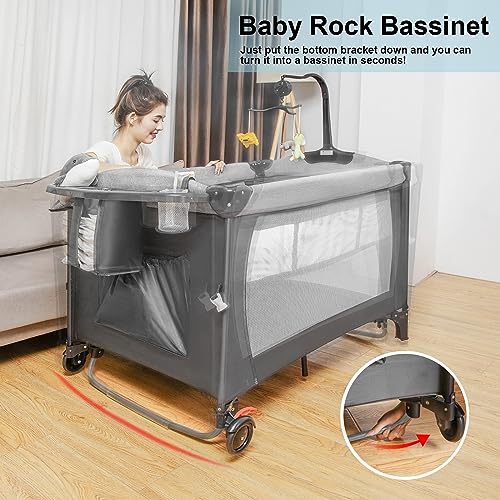5-in-1 Pack and Play, Baby Bassinet Bedside Sleeper with U-Shaped Diaper Changer, Portable Baby Playard for Newborn Toddlers, Baby Crib with 4 Adjustable Height, Carry Bag, Easy to Install