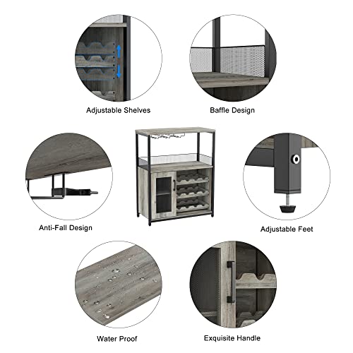 Amyove Wine Bar Cabinet with Detachable Rack, Glass Holder, Small Sideboard and Buffet Mesh Door, Grey