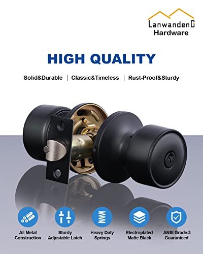 Lanwandeng Keyed Alike Entry Door Knob with Lock, Interior and Exterior Door Lock, Matte Black Door knobs with Lock for Bedroom/Bathrooom