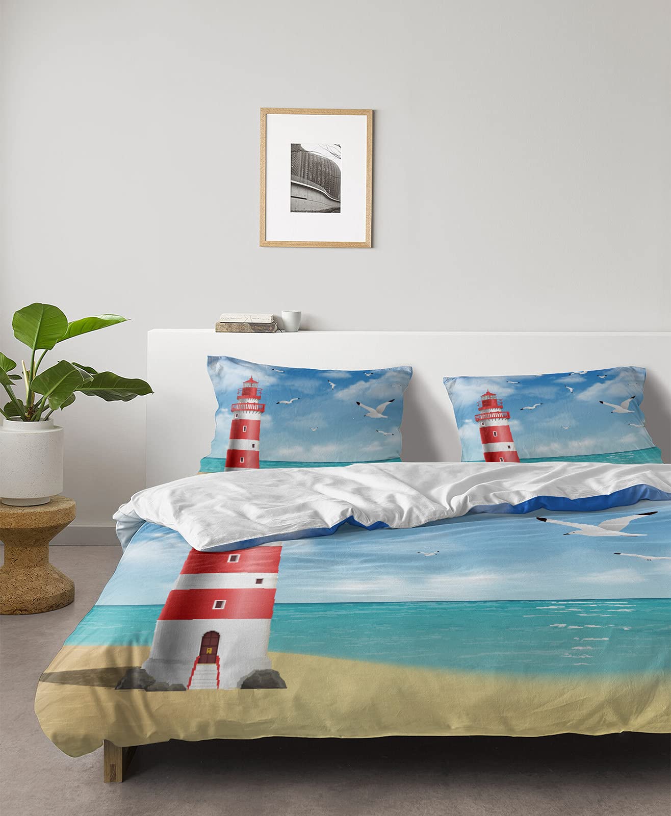 California King Duvet Covers Set Summer Ocean Beach Red Lighthouse 4 Pcs Bedding Sets Brushed Microfiber Quilt Covers Lightweight Cozy Flat Sheet with 2 Pillowcases Animal Seagulls Seascape Blue Sky